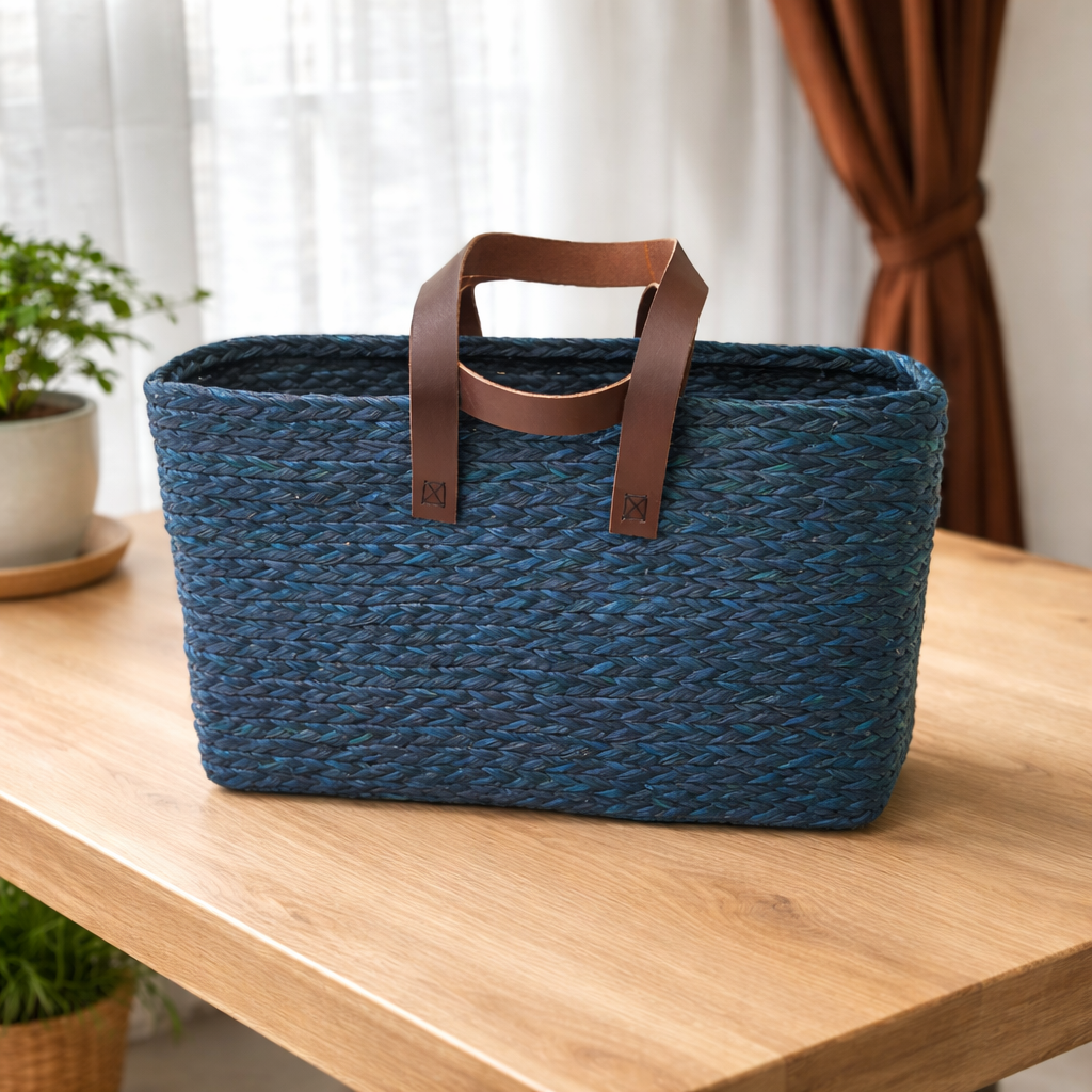 Sabai Grass Handbag With Leather Handle- Solid Blue - H'art N Craft